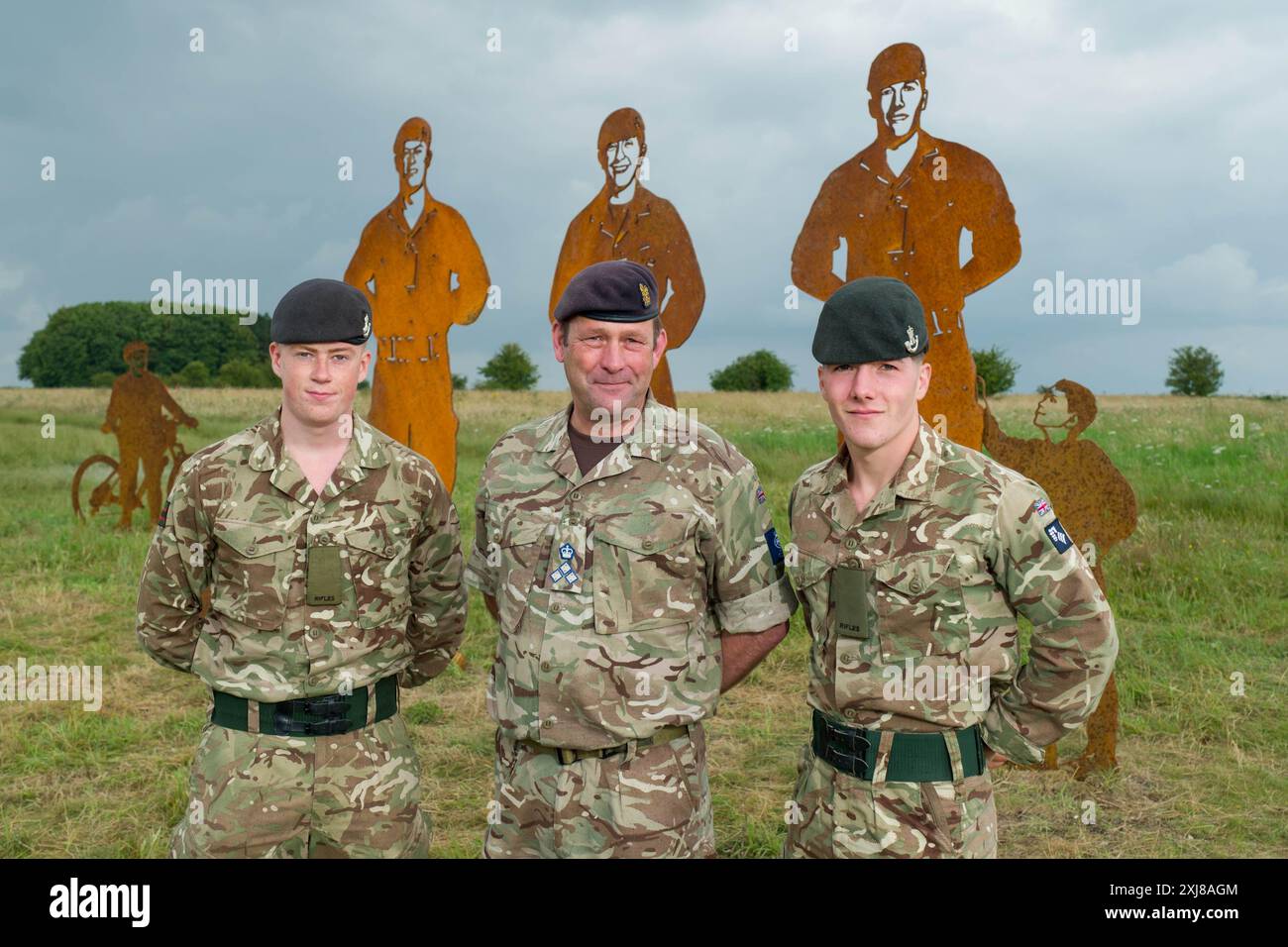 EDITORIAL USE ONLY (Left to right) Rifleman Theo Grimshaw, Brigadier Gavin Hatcher CBE and ...