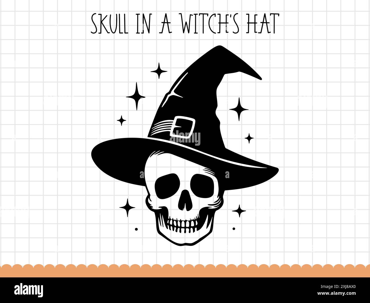 Hand drawn skull in witches hat, Halloween vector illustartion Stock ...