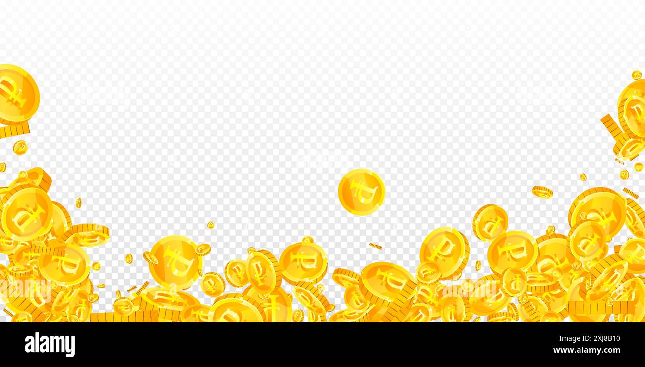 Russian ruble coins falling. Scattered gold RUB coins. Russia money ...