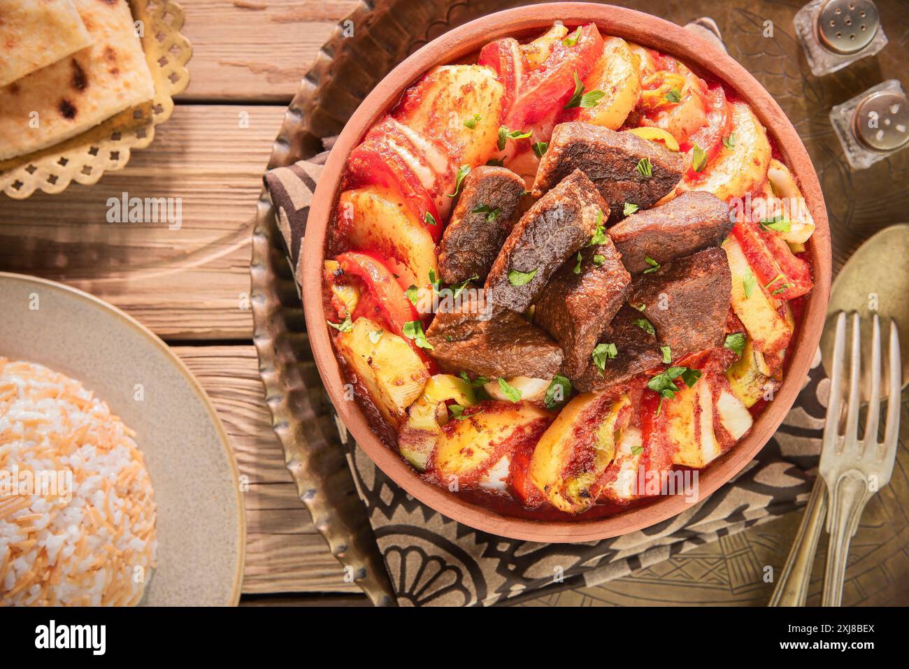 Arabic Cuisine; Middle Eastern traditional "Tajine Potatoes and Meat ...