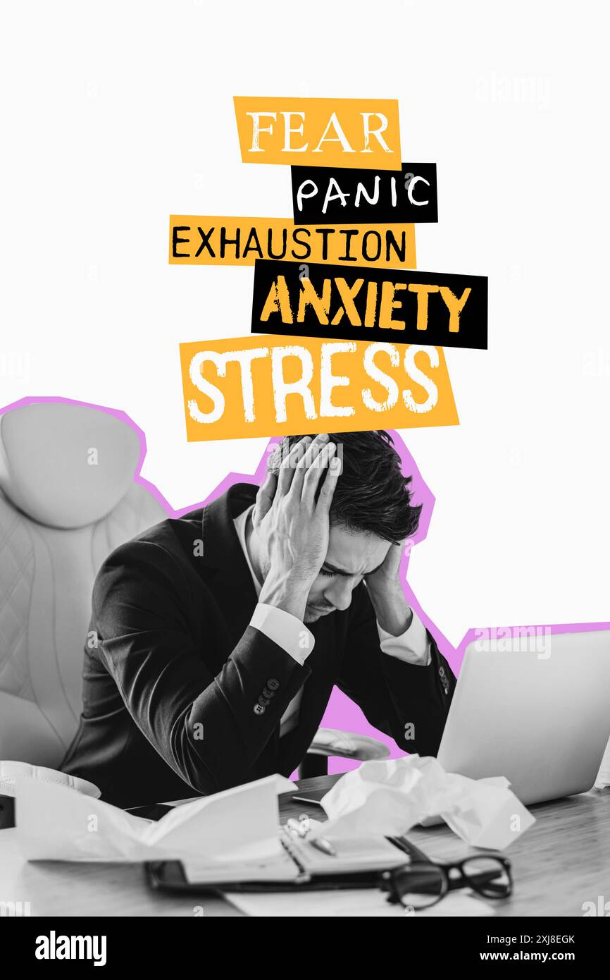 Vertical photo collage of upset businessman tired workload intensity ...