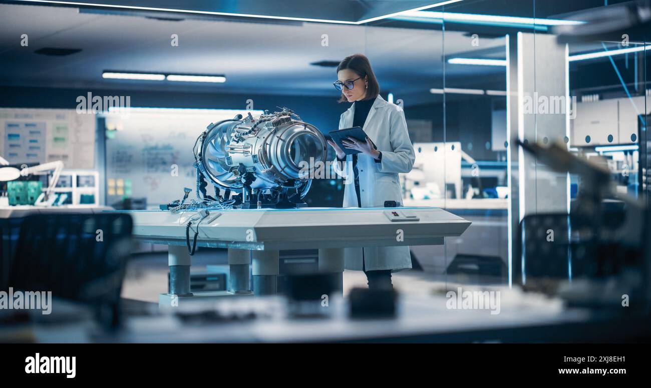 Industrial Engineer Working on a Futuristic Jet Engine, Standing with ...