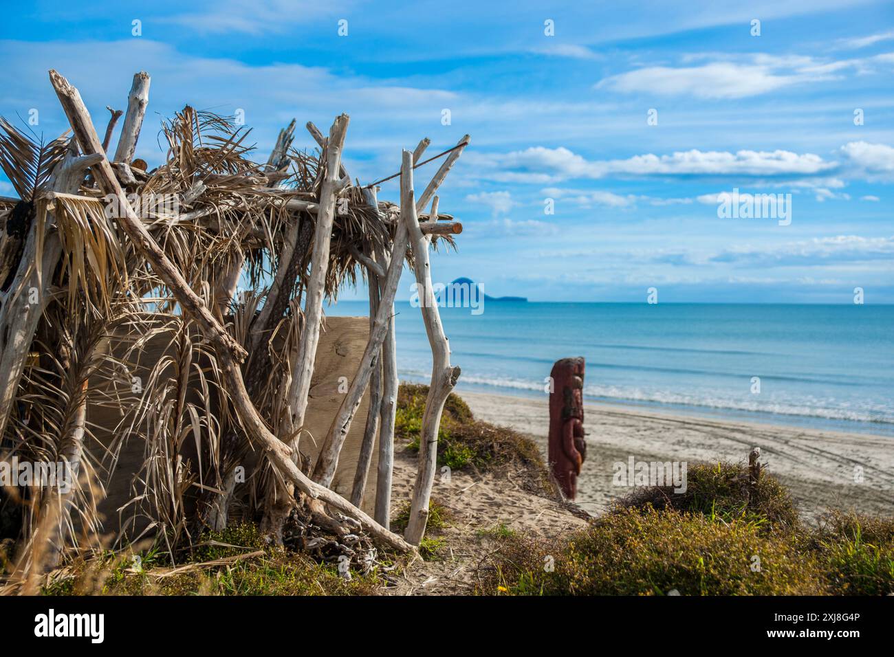 Beach Shack, old rustic driftwood and palm frond shelter constructed on ...