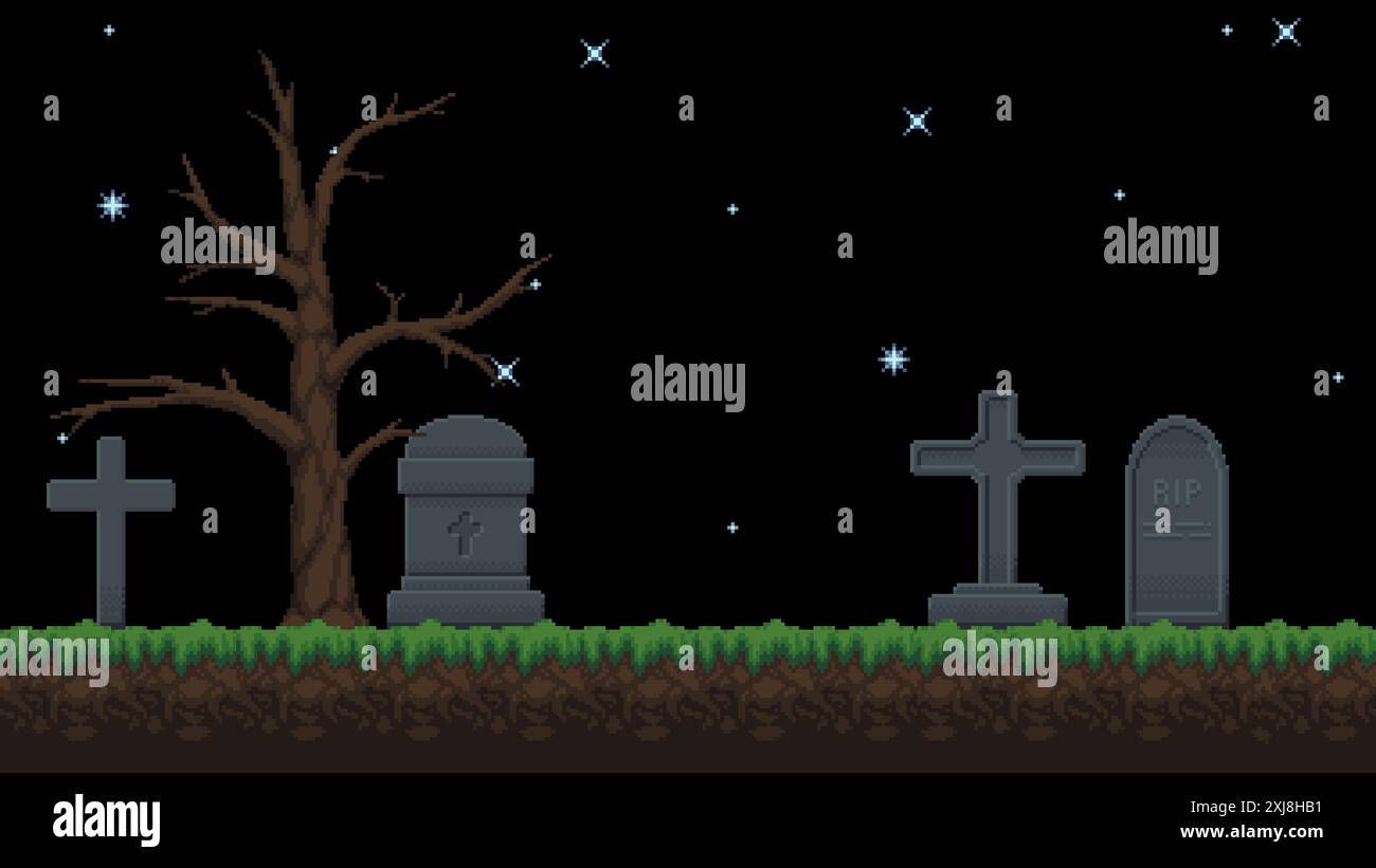 Pixel art cemetery landscape. Graveyard seamless background with ...