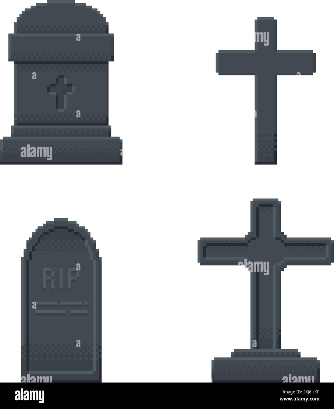 Grave, cemetery tombstone and crest pixel art set. Graveyard, gravestone collection. Isolated ...