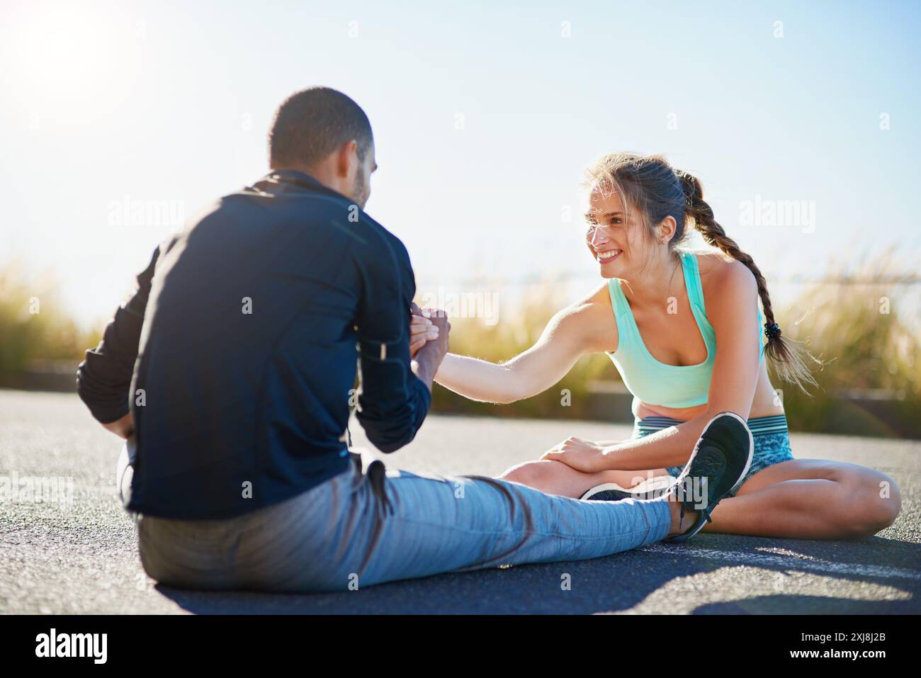 Couple, fitness and stretching with handshake on road in nature for ...
