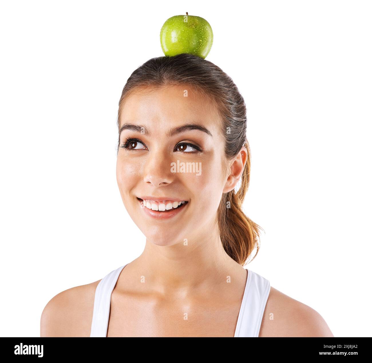 Girl, thinking and apple on head with smile for nutrition, digestion ...