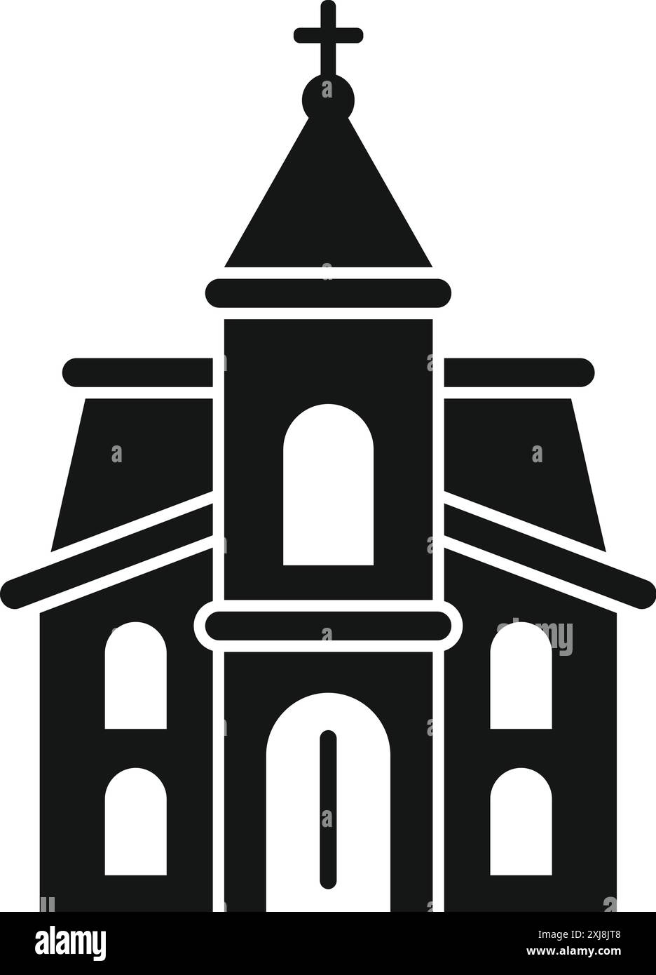 Simple icon of a catholic church building facade with cross, tower and ...
