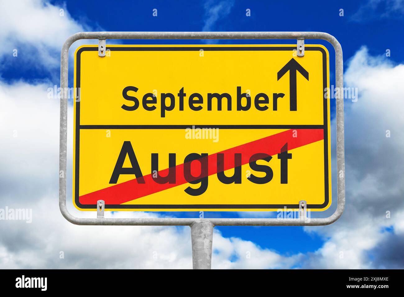 16 July 2024: Town sign with the month of August and September ...