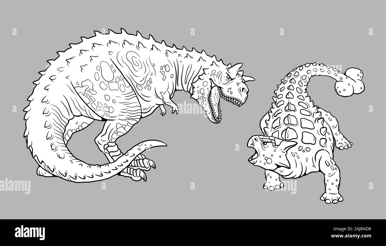 Predatory dinosaur Carnotaurus attacks the Ankylosaurus. Dinosaur ...