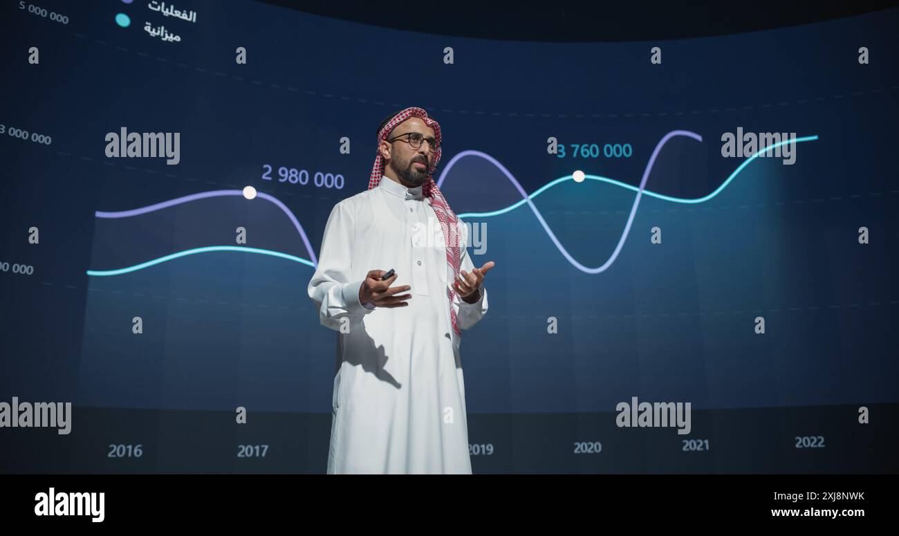 Successful Middle Eastern Speaker Presenting a New Product, Showing ...
