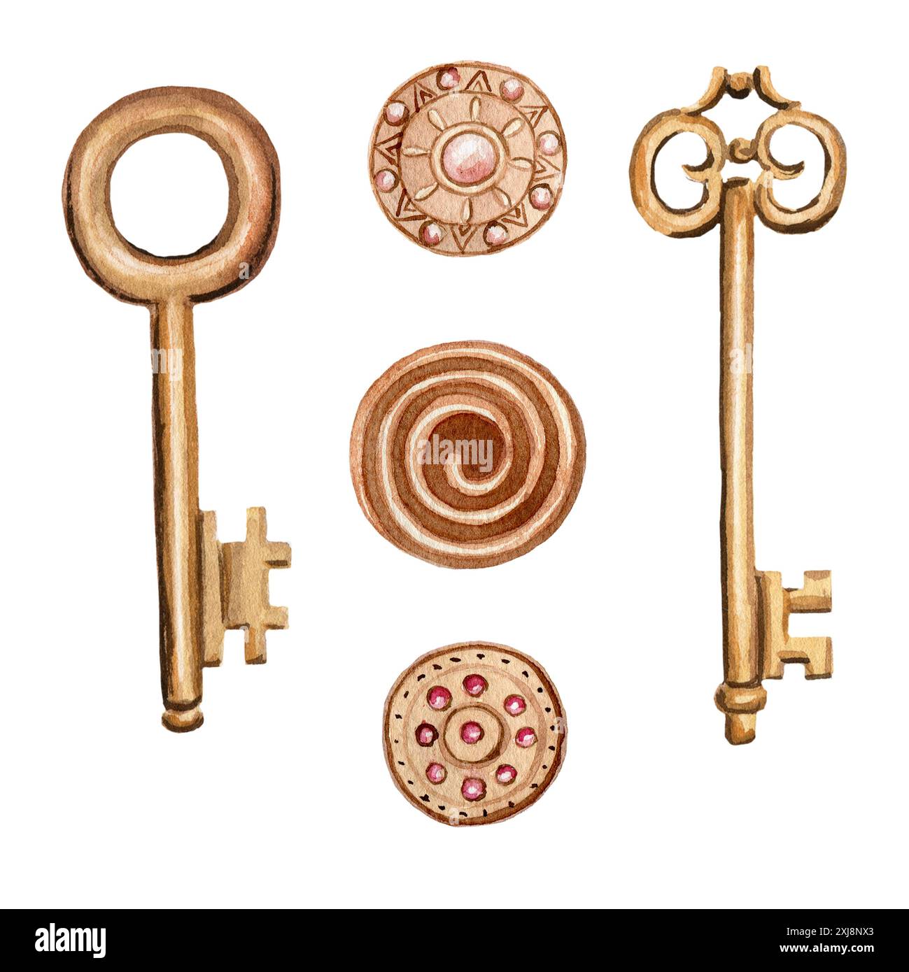 Vintage keys and buttons. Hand painted watercolor illustration isolated ...