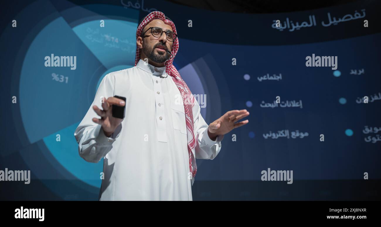Saudi Businessman Making a Presentation on Stage During a Middle ...