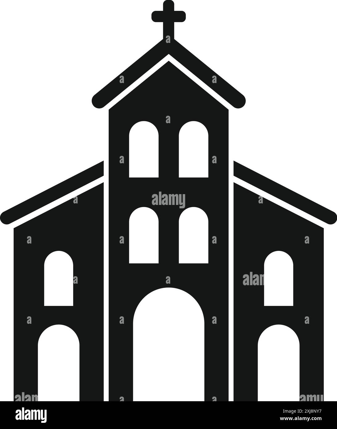 Simple church building facade with cross, windows and door for religion ...