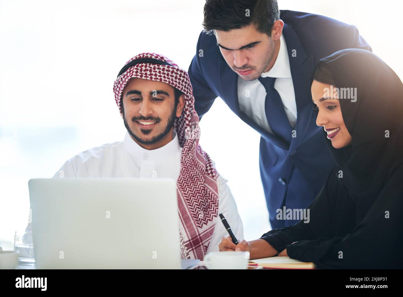 Islamic, teamwork and business people in office with laptop, planning ...