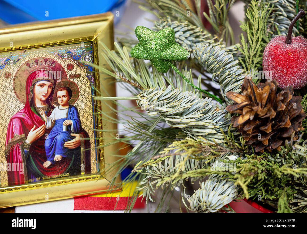 orthodox decoration of a table at christmas with a picture of madonna ...