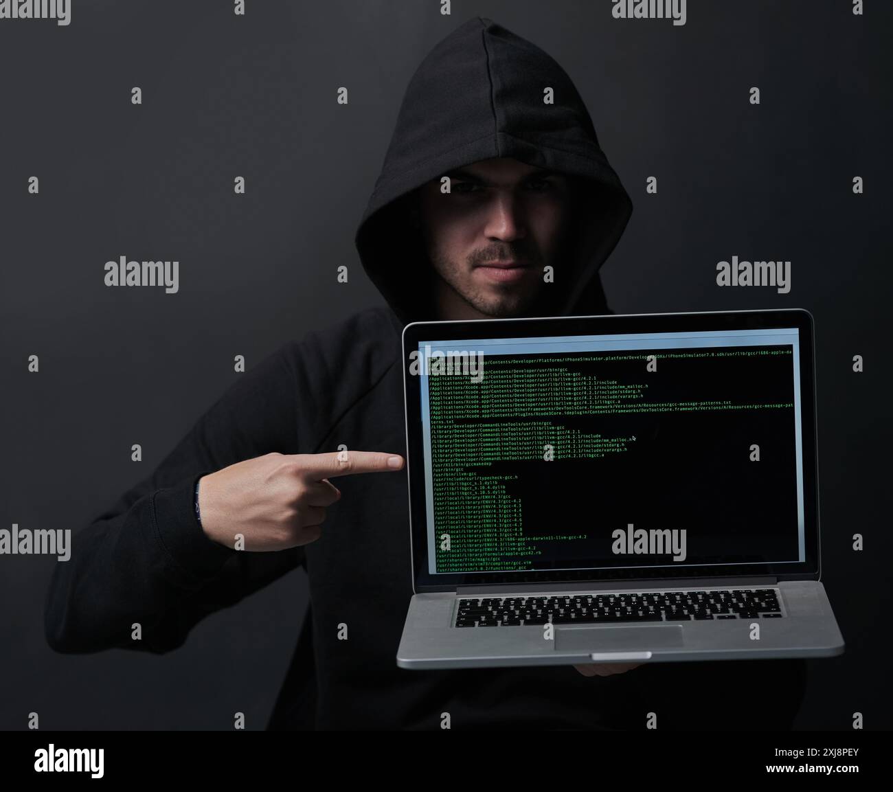 Crime, hoodie and hacker in studio, laptop screen and fraud of ...