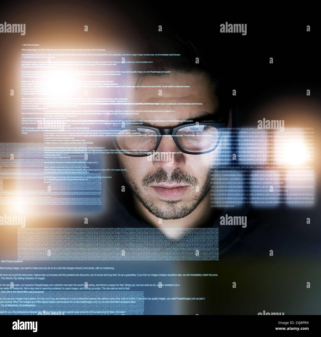Man, technology and coding with overlay at night for career as data ...