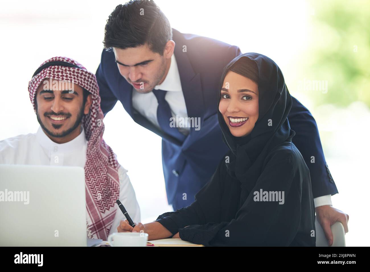 Islamic, teamwork and business people in portrait with laptop, planning ...