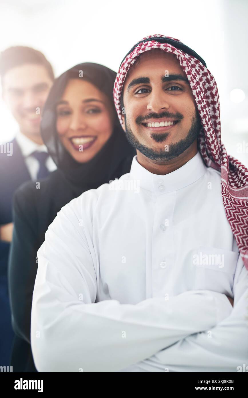 Leader, Muslim and business people in company with portrait for ...
