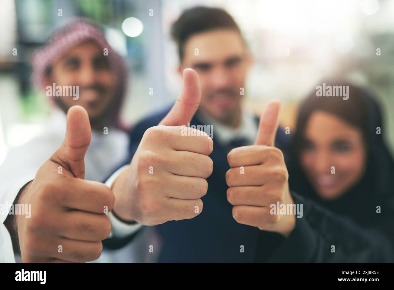 Business people, diversity and hands with thumbs up for good job ...