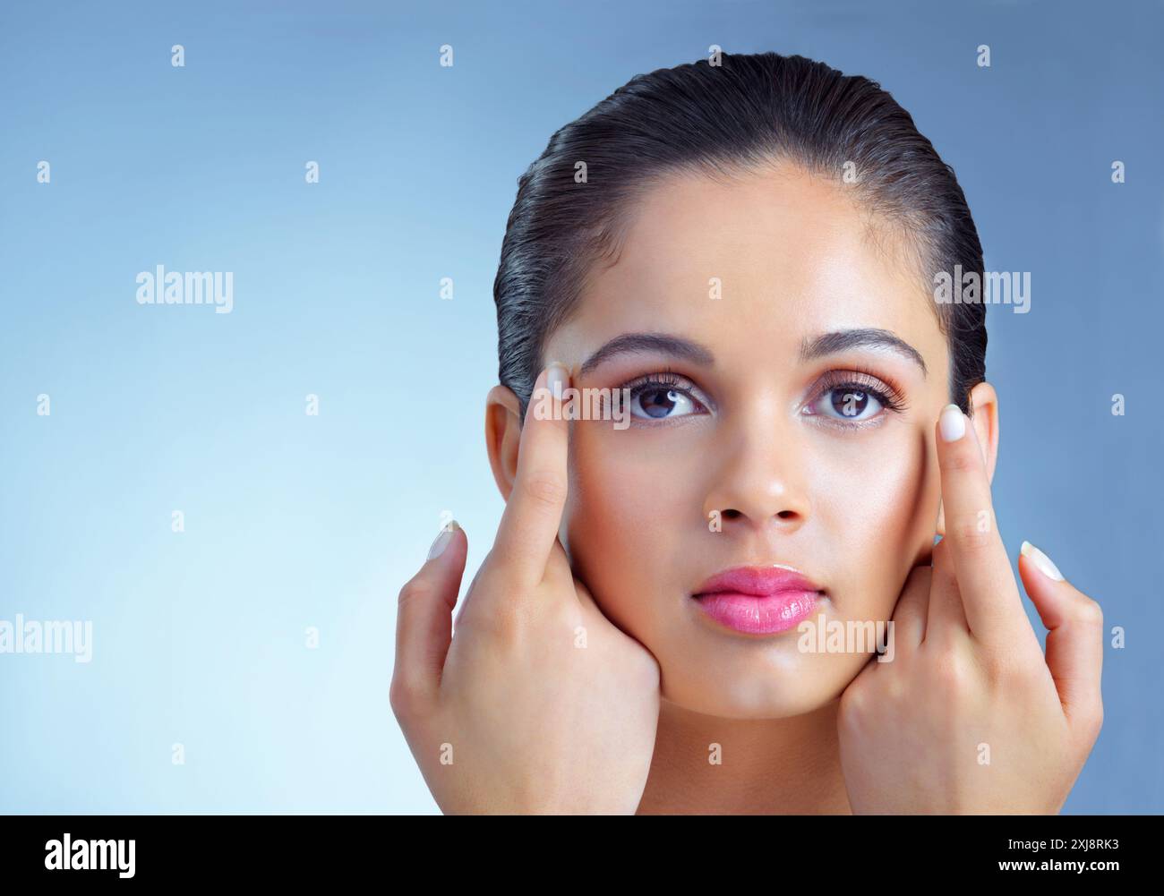 Beauty, eyebrows and portrait of woman in studio for microblading, tint ...
