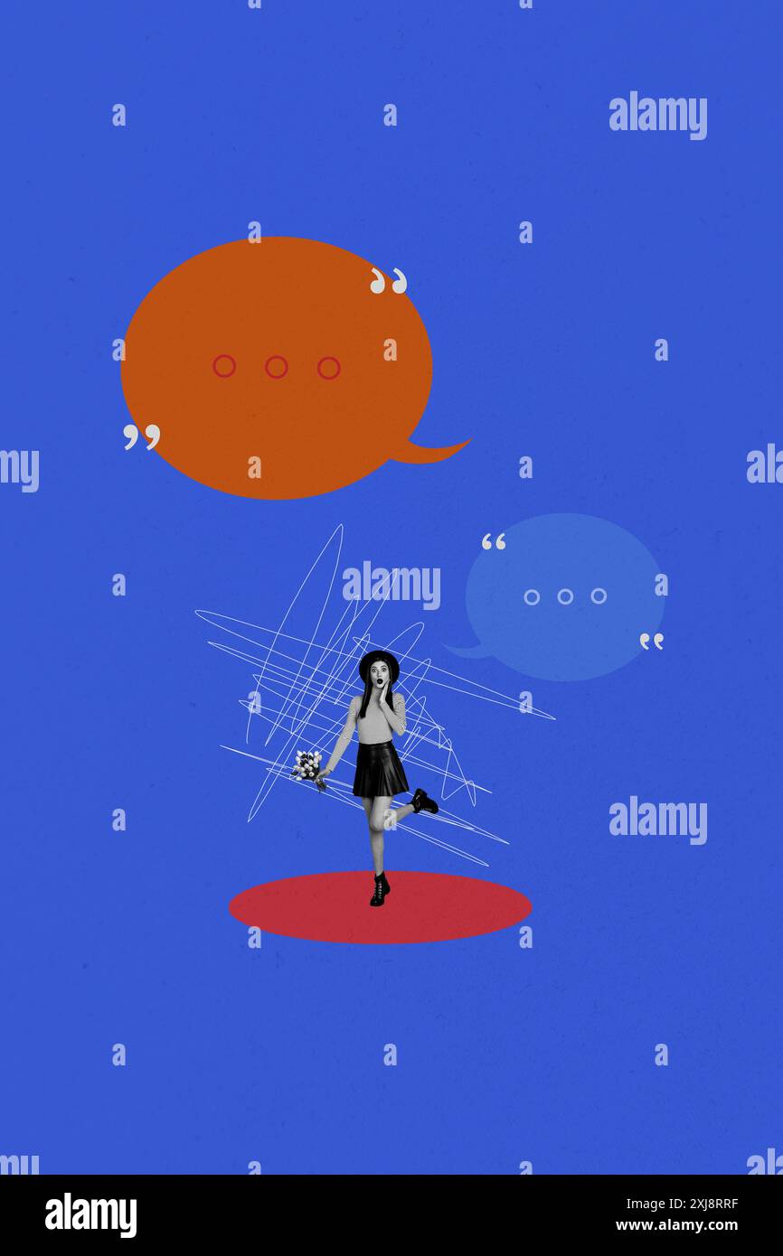 Vertical image collage young excited girl textbox communication ...