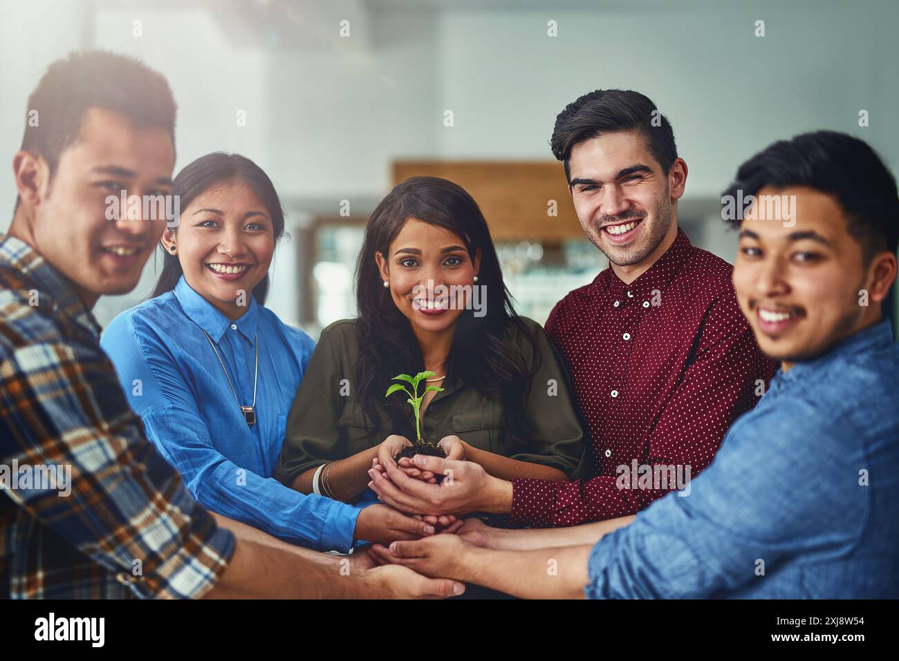 Portrait, plant and soil with nature, growth and hope for teamwork and ...