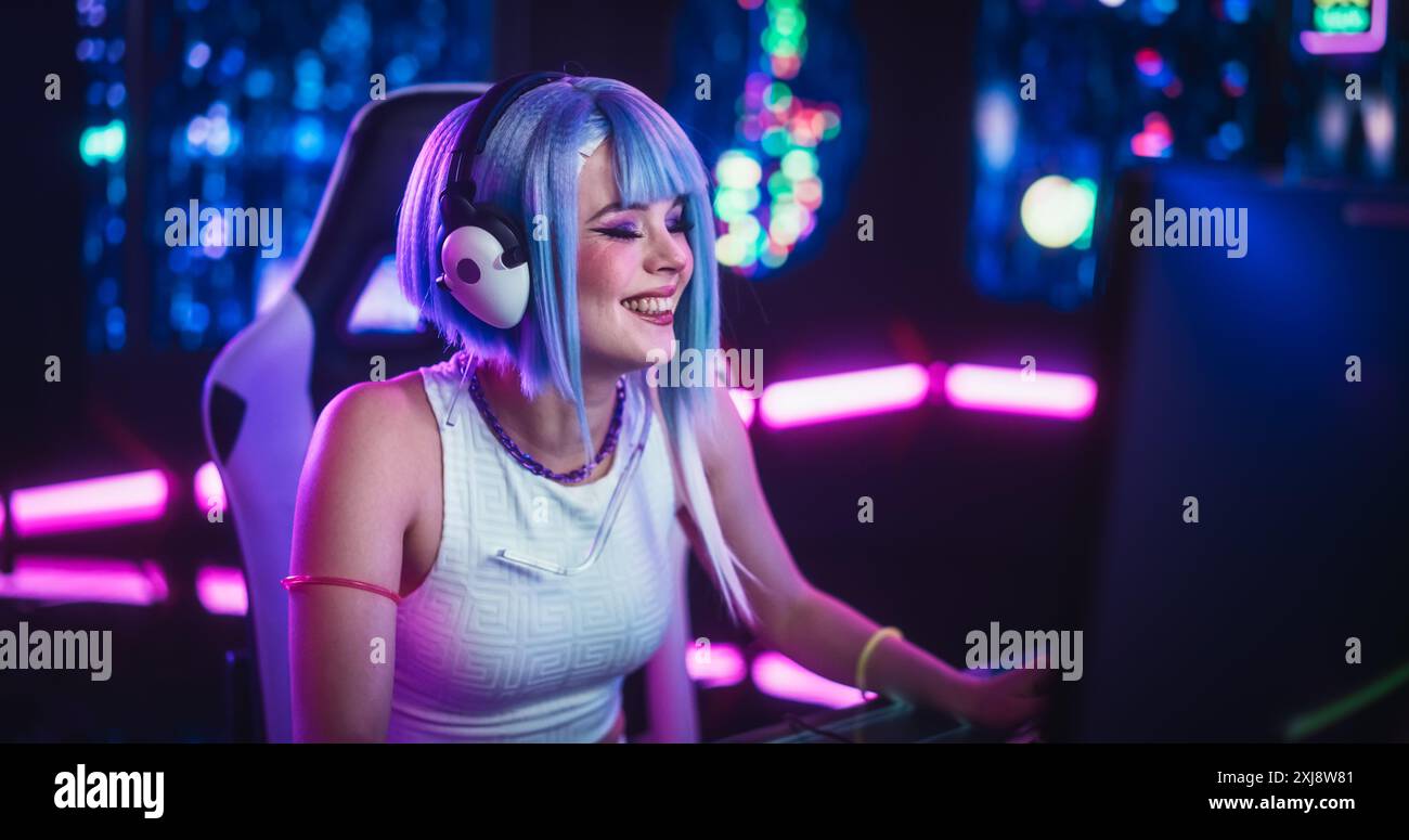 Portrait of a Stylish Streamer and Video Gamer with Blue Hair Chats ...