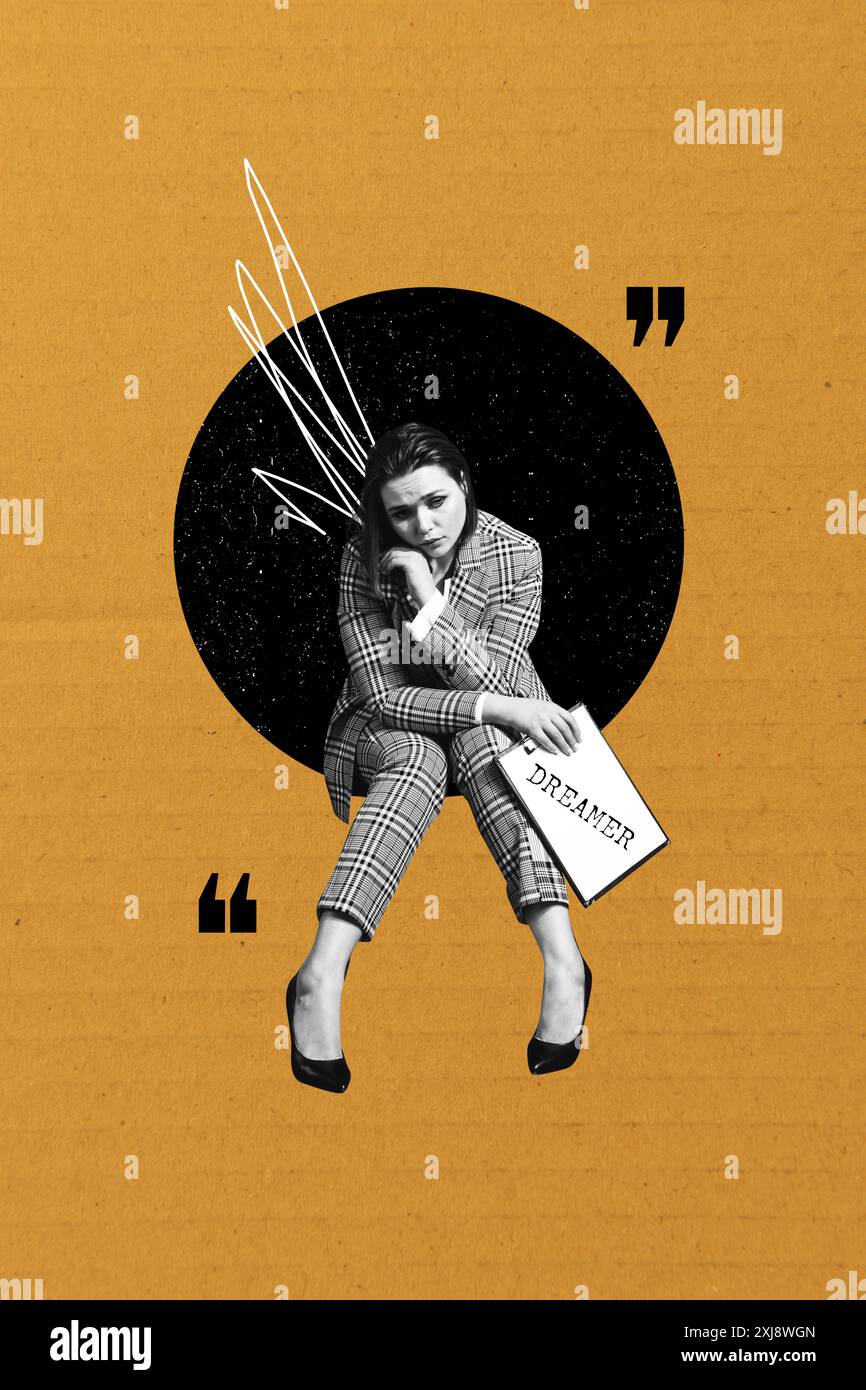 Vertical picture collage young woman sit depressed apathy upset dreamer ...