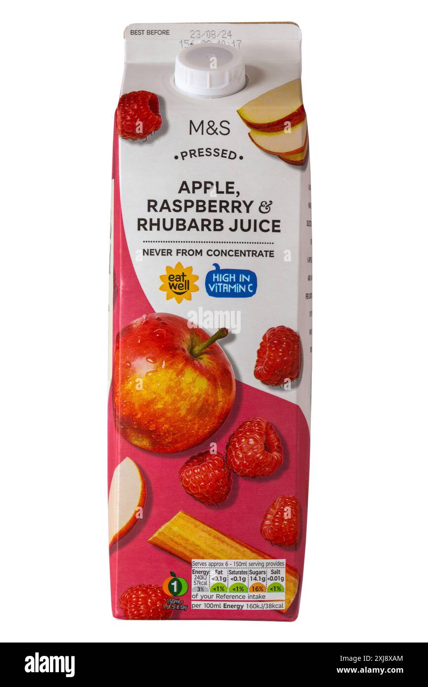 carton of pressed Apple, Raspberry & Rhubarb juice from M&S isolated on ...