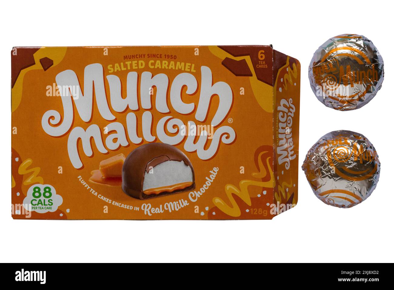 Box of Salted Caramel Munch Mallow with two removed isolated on white ...