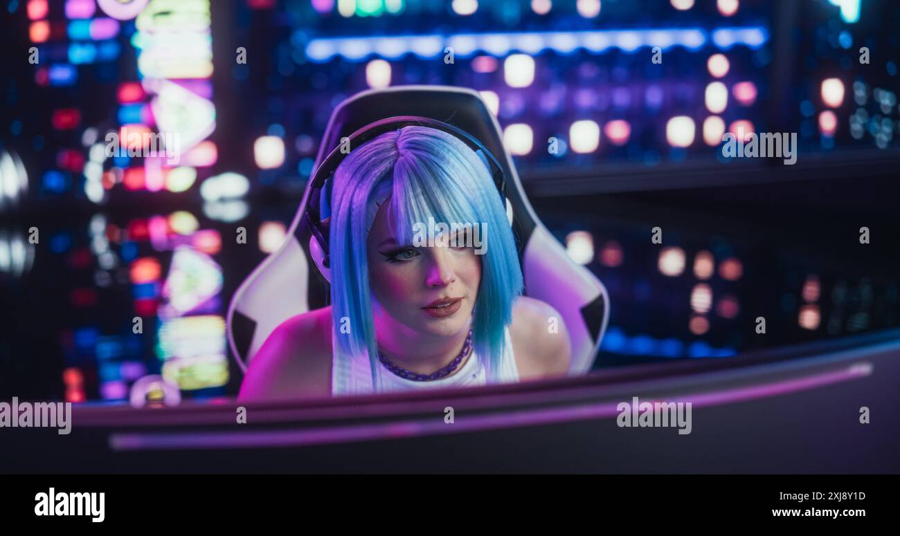 Portrait of a Stylish Streamer and Video Gamer with Blue Hair Chats ...