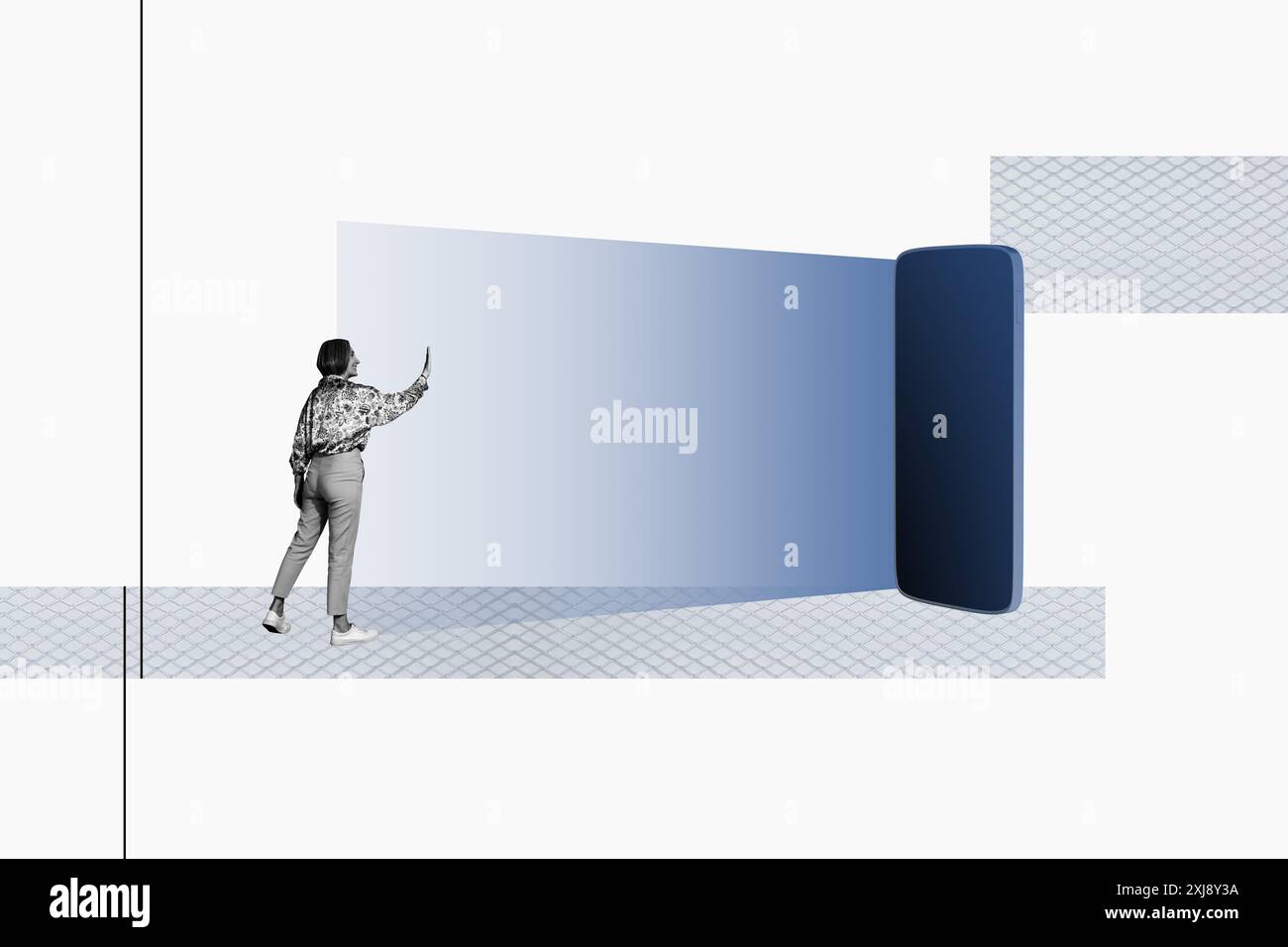 Creative collage mature woman take photo smartphone digital device user ...