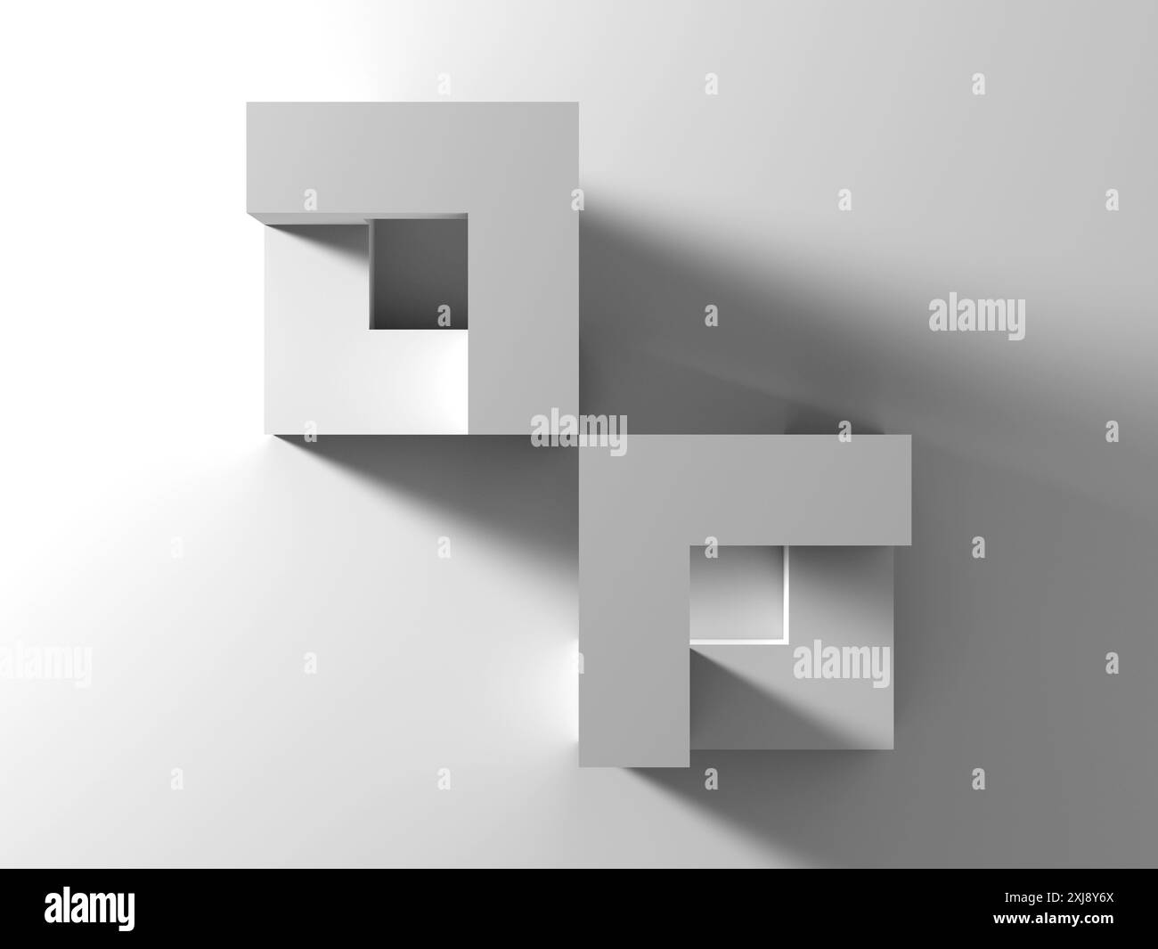 Abstract geometric installation with cubical shapes over white wall ...