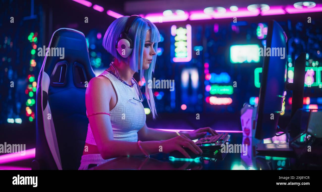 Professional Beautiful Female eSports Gamer Playing Video Game on a ...