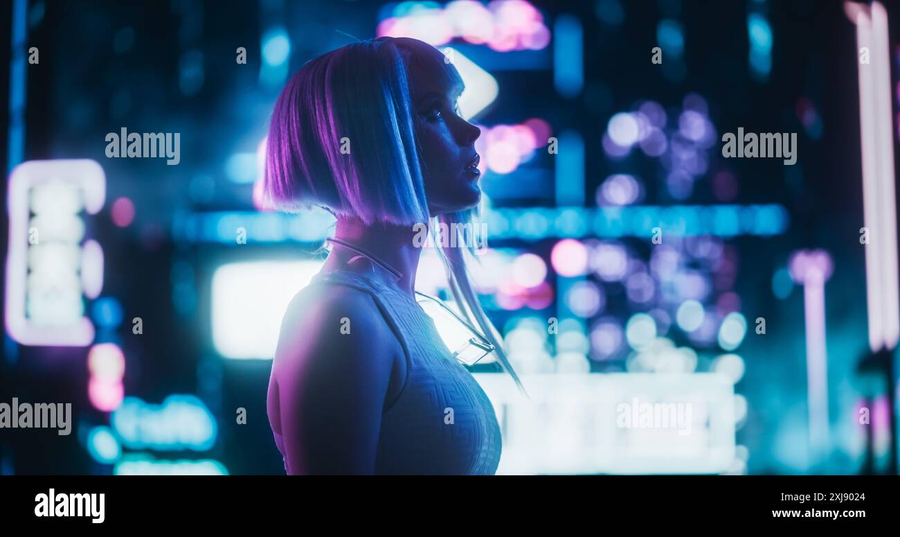 Cinematic Arc Shot of a Stylish Young Cosplay Model with Blue Hair ...