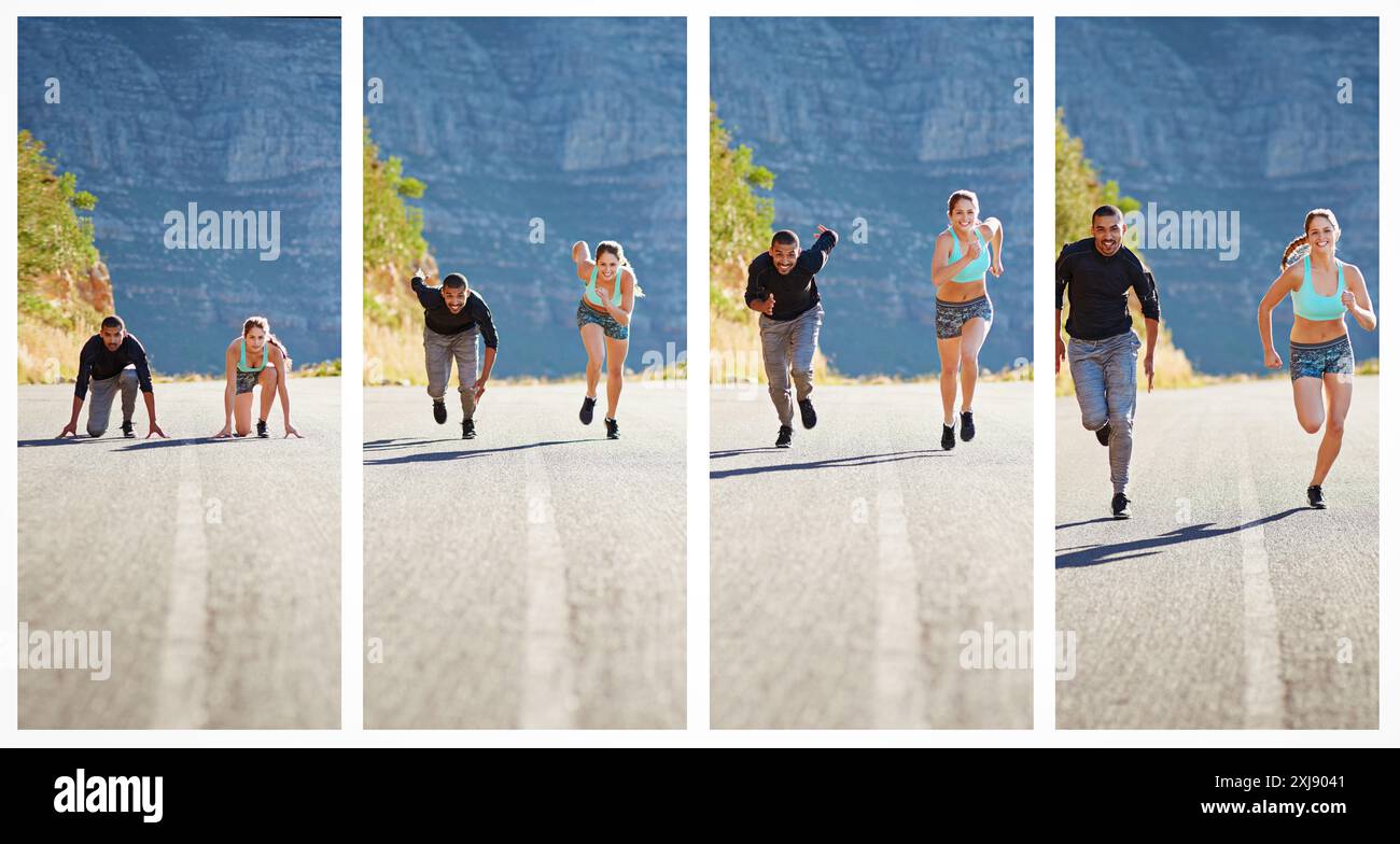 Fitness, montage and people with running in nature for race, start and ...