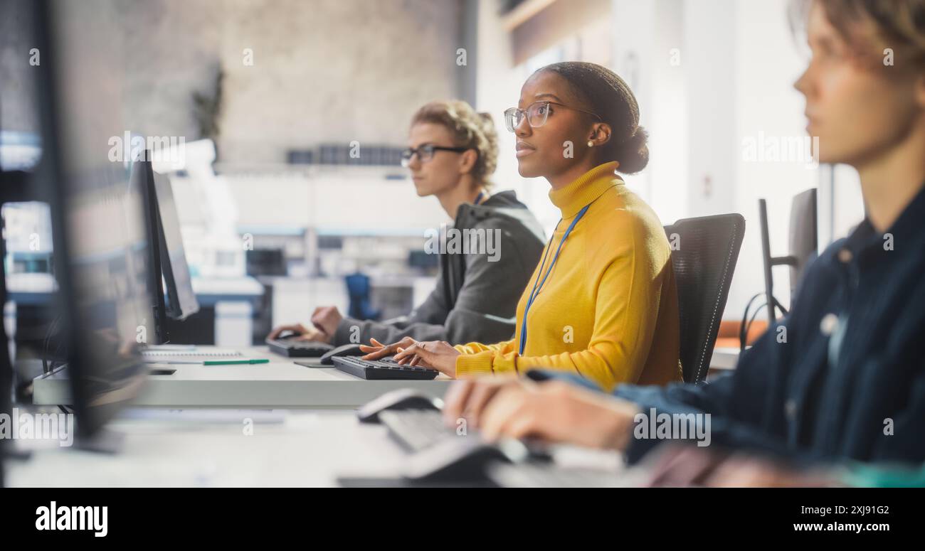 Young Inspired Black Female Student Studying in College with Diverse ...