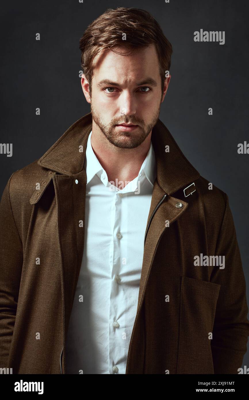 Proud, man and portrait with fashion in studio for stylish outfit ...