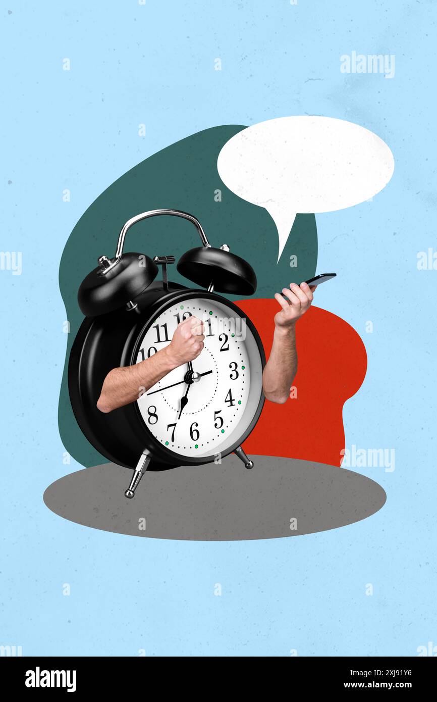 Vertical collage caricature alarm clock human hands psychedelic body ...