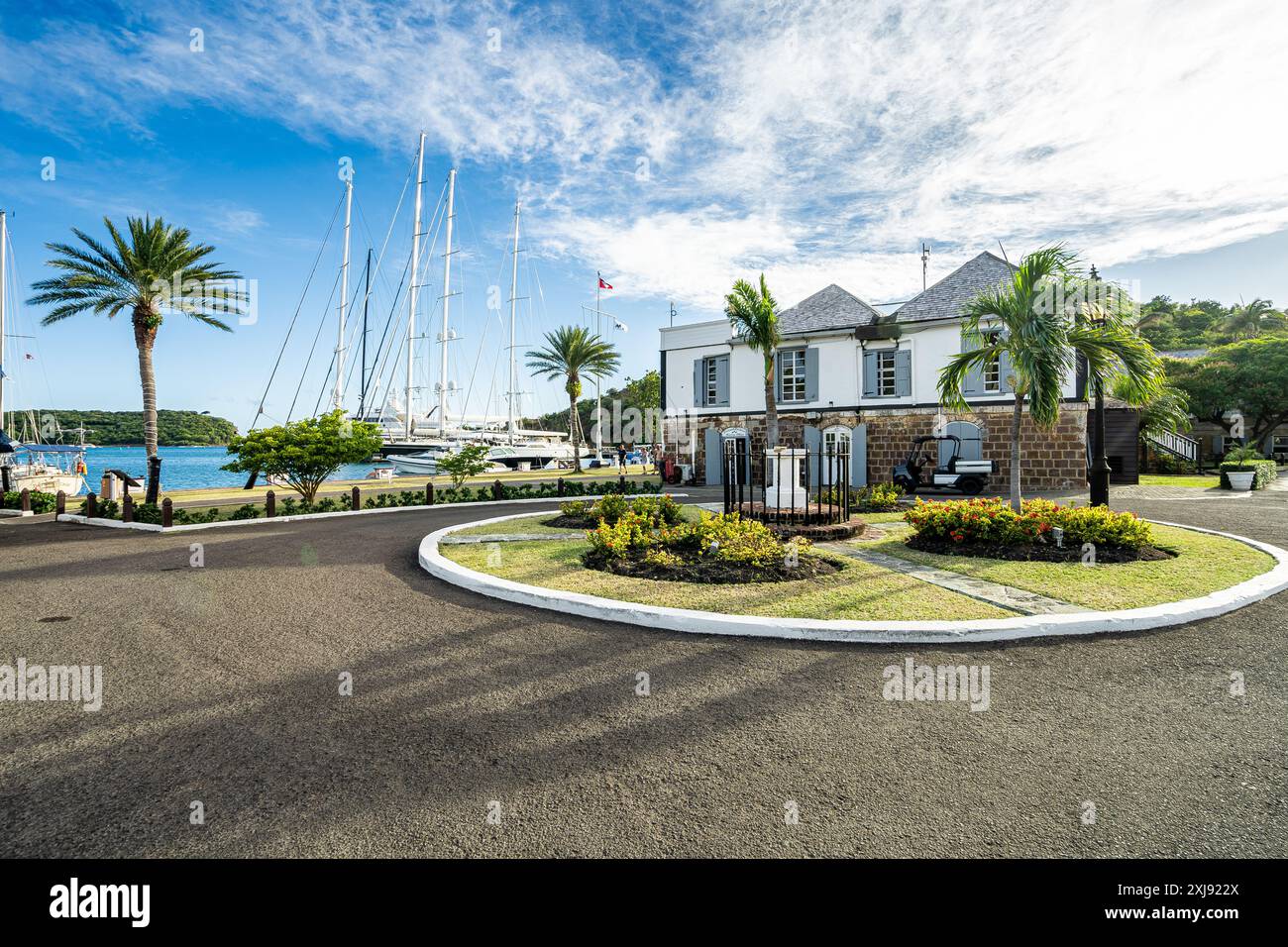 Detail of garden and historical building in Nelson's Dockyard in ...