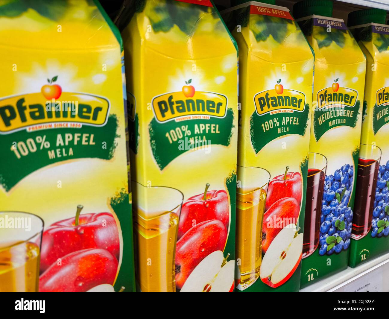 Arco, Italy - July 16, 2024: Pfanner juice with different varieties ...