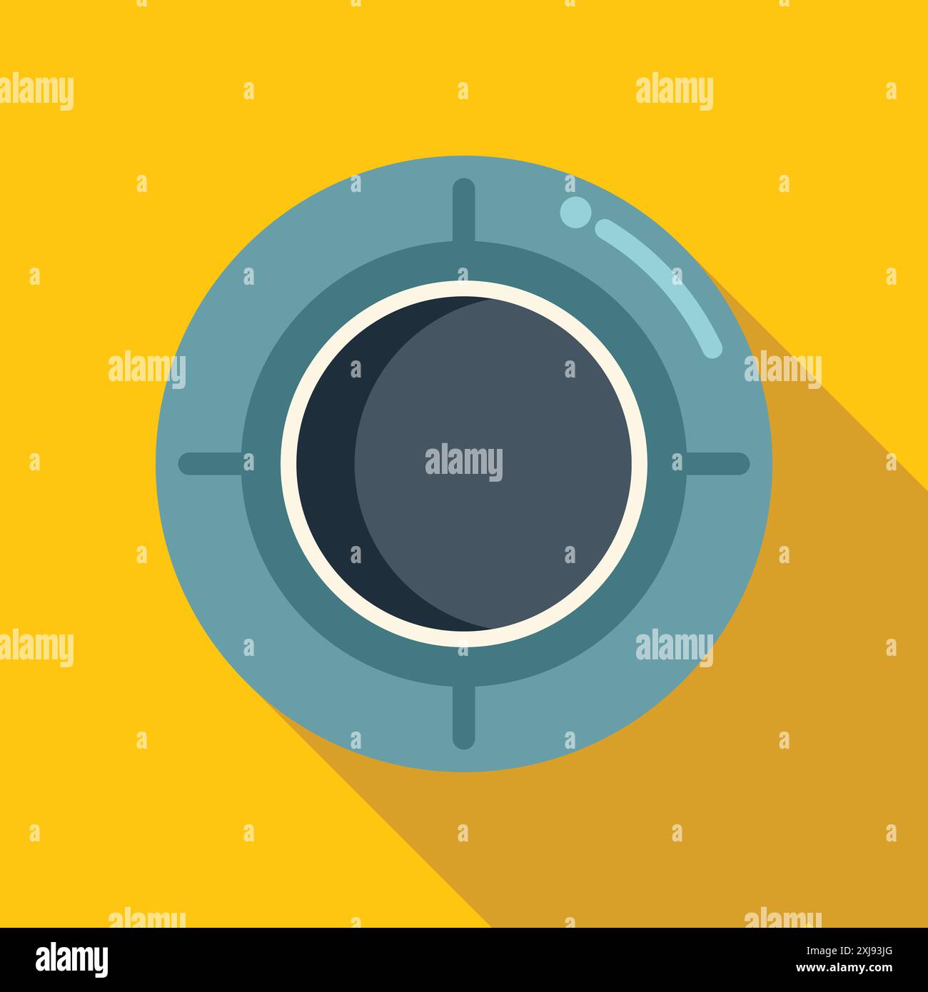 Round spaceship window pointing at dark side of planet, in flat design ...