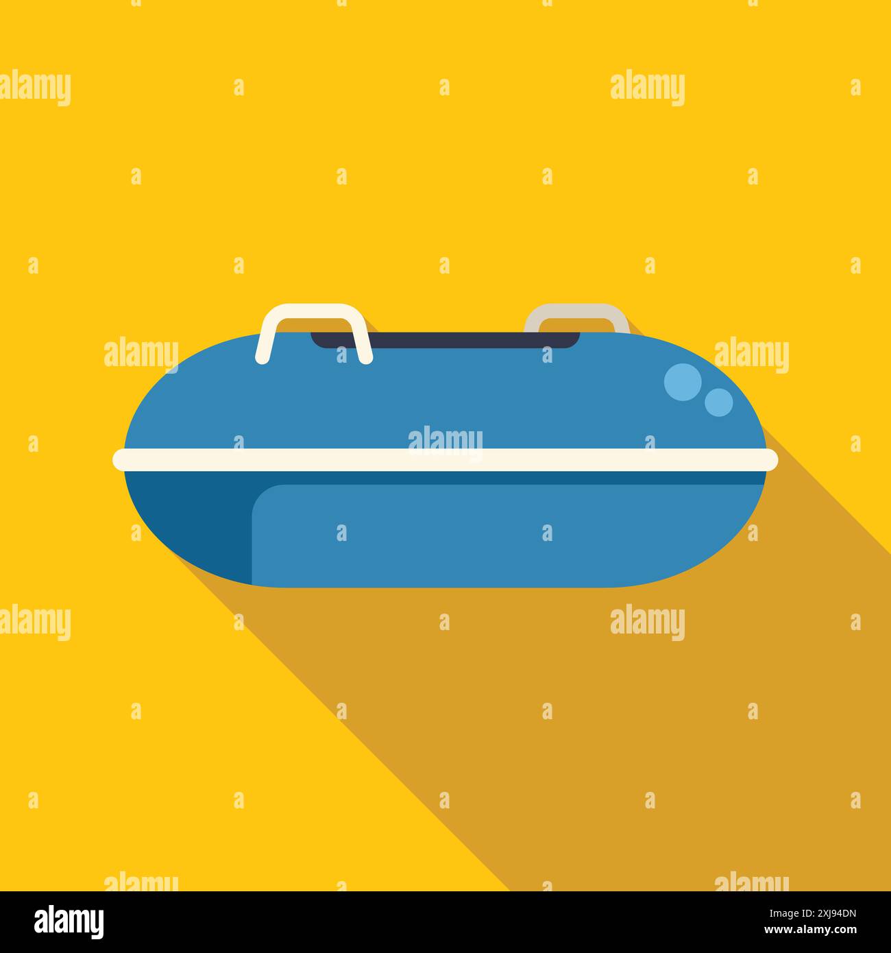 Blue inflatable rubber boat floating on water surface, side view, flat ...