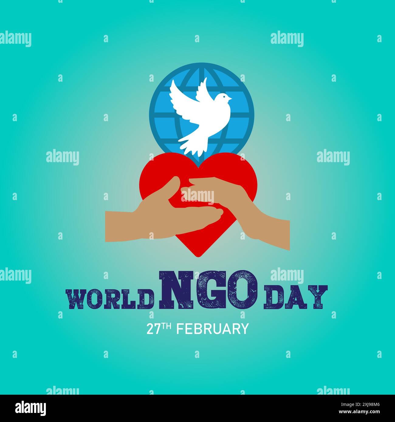World NGO Day. 27th February. Flying dove bird caring hand on rad heart ...