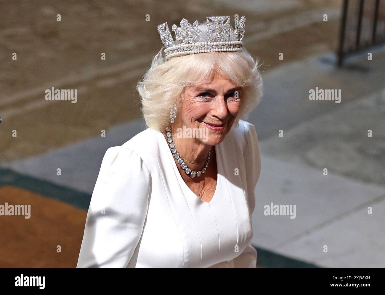 Queen Camilla, wearing the George IV State Diadem, arrives for the ...