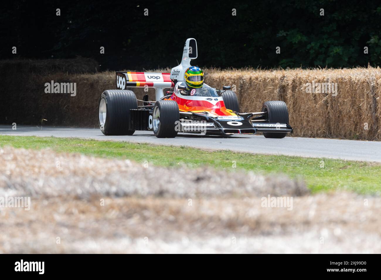 1975 Shadow-Dodge DN6 car driving up the hill climb track at the ...