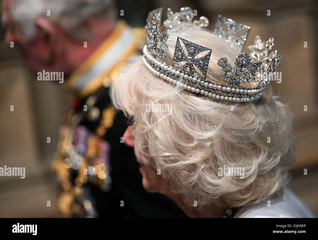 Queen Camilla, wearing the George IV State Diadem, arrives for the ...