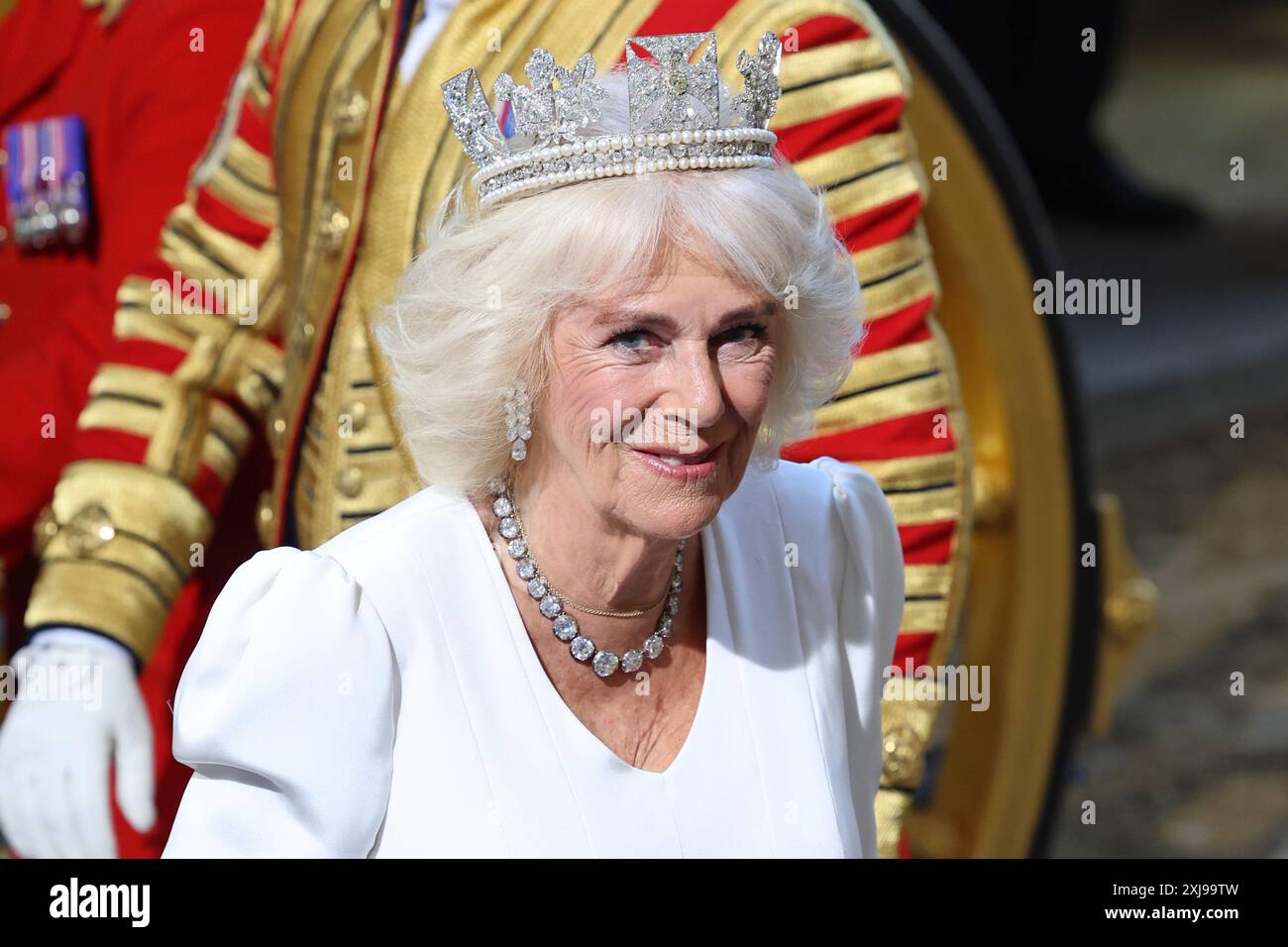 Queen Camilla, wearing the George IV State Diadem, arrives for the ...